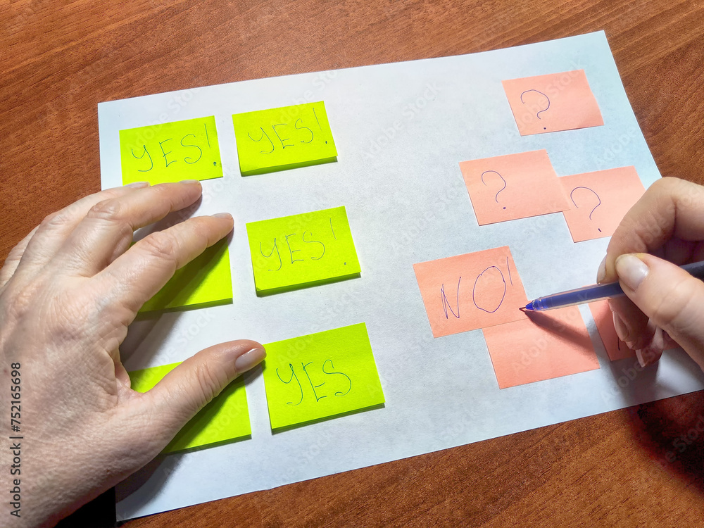 Decision-Making Process With Sticky Notes on Table. A person is ...