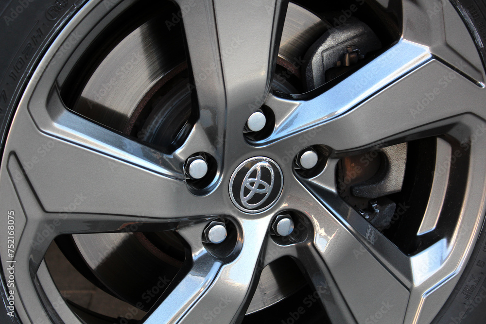 Vinnytsia, Ukraine; March 06, 2024. Close up Toyota RAV4 front wheel ...
