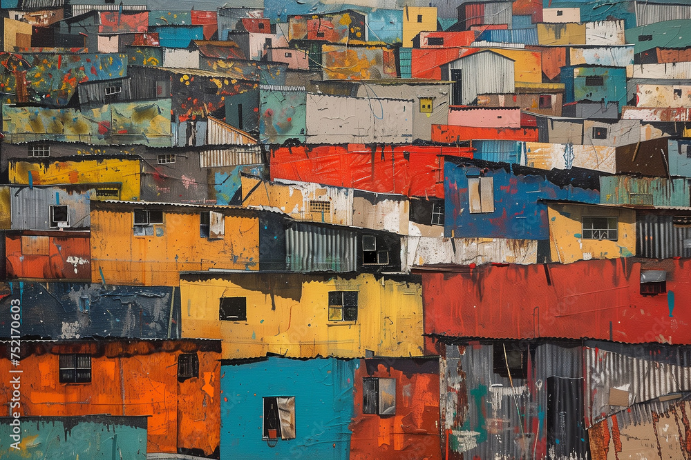 Colourful South African art with township village culture depicting ...