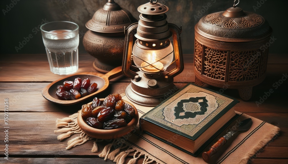 Muslim attributes in Ramadan for Iftar - Koran, ancient lantern, dates ...