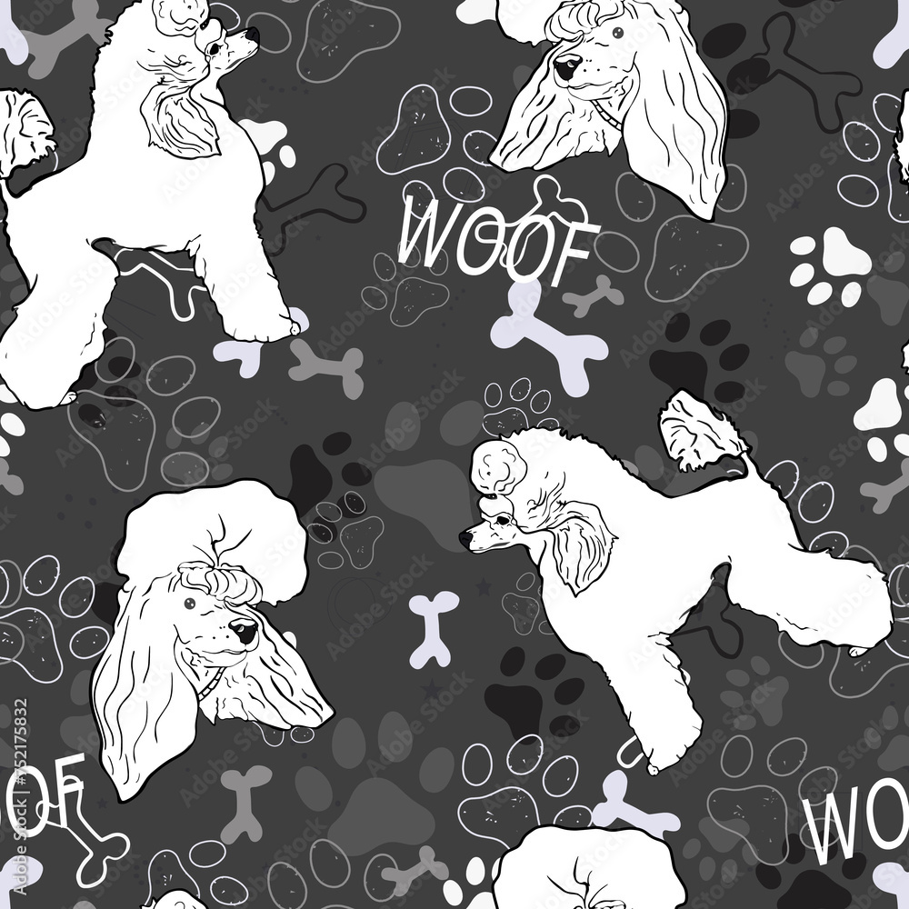 Royal poodles and inscriptions seamless illustration. Dogs, tracks of ...