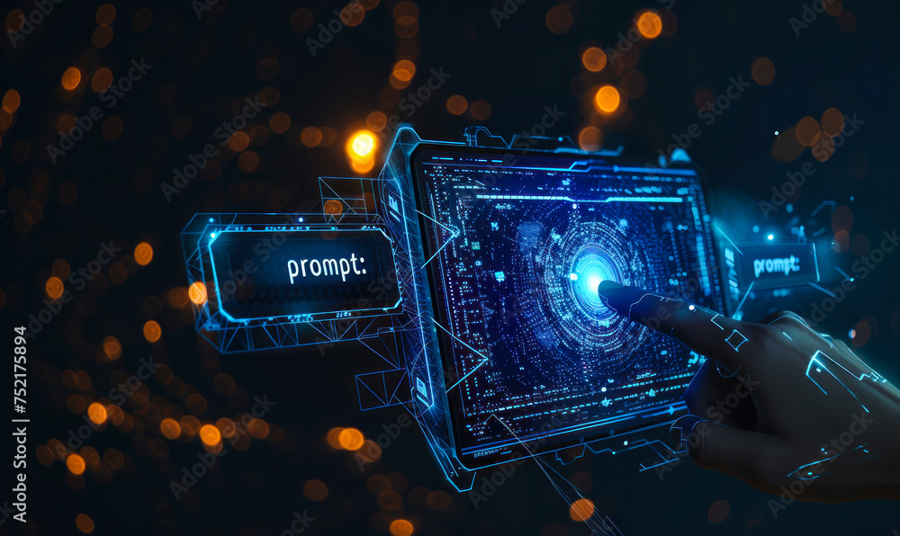 Futuristic command prompt on a digital interface with a holographic ...