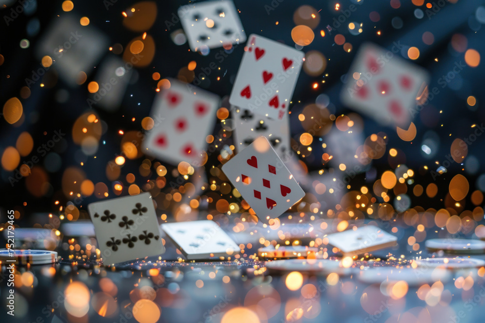 Playing Cards in Mid-Air with Bokeh Lights. Playing cards thrown in mid ...