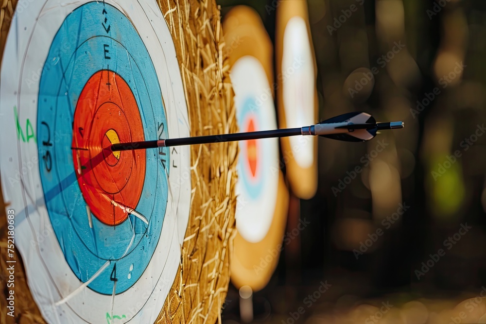 A competitive scene of an archery target hit dead center by an arrow ...