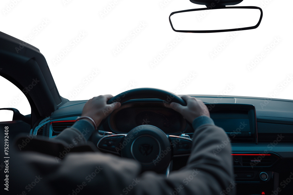 Man driving a car, back view. Driving a car. 1st person perspective ...