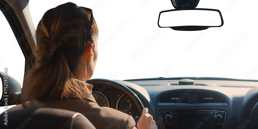 Back of a woman driving a car. Driving a car. 1st person perspective ...