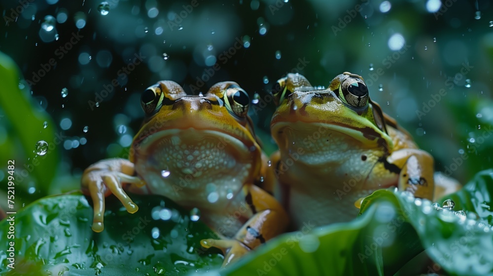Frogs Sheltering from Rain on Leaves. Rainforest frogs find shelter on ...