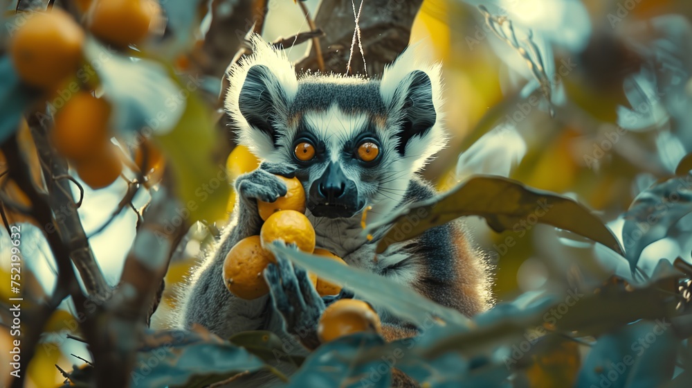Lemurs Eating Fruit. Group of curious ring-tailed lemurs is caught in a ...