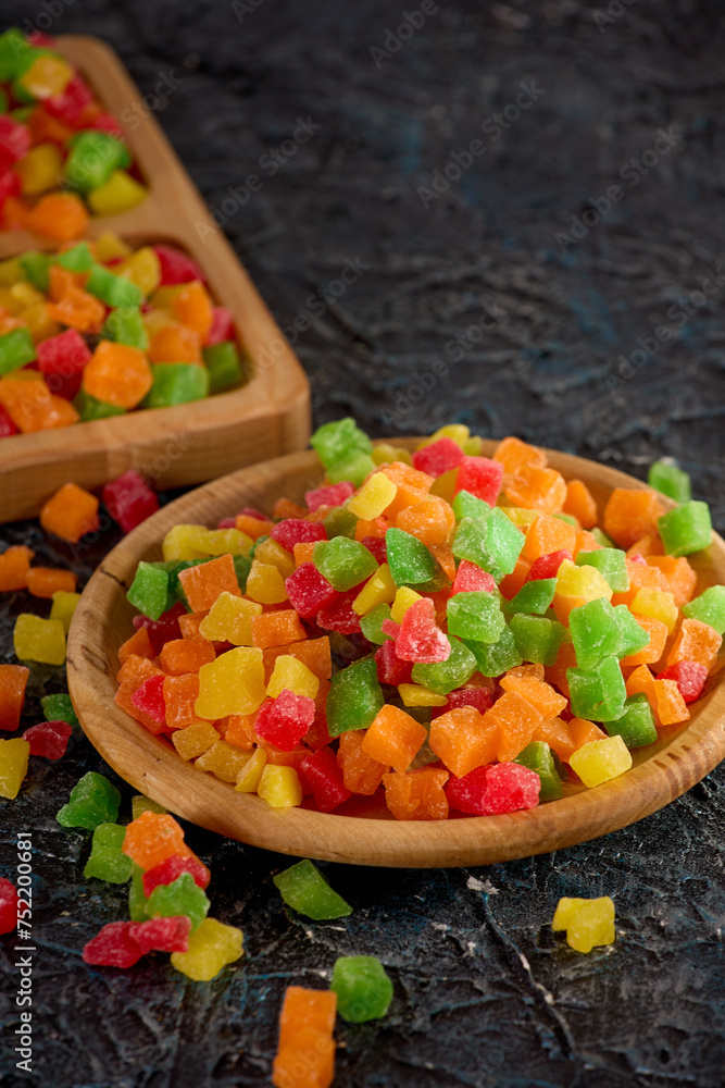Bright sweet healthy dessert or snack in form candied fruits from ...
