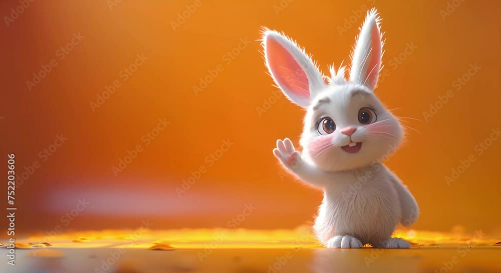 Cute little cartoon bunny waving his paw as a sign of greeting or ...