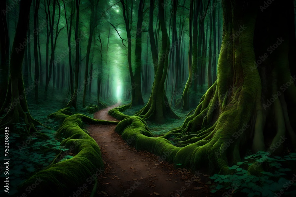A spectral, glowing, and ominous forest path, winding through towering ...