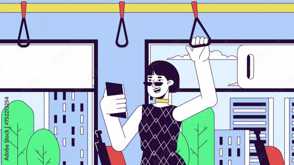 Korean woman with phone holding bus hanger line cartoon animation ...