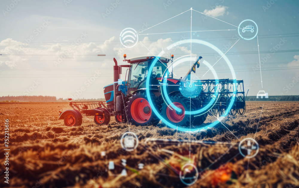 Agricultural equipment with AI interface and HUD infographic on rural ...