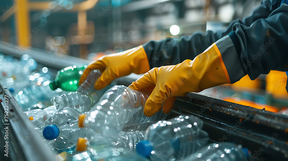 Close-up of gloved hands sorting and recycling plastic bottles and ...