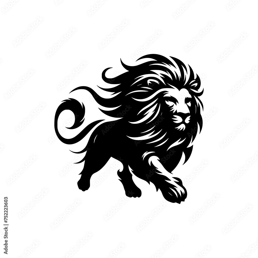 Black and white illustration of a running lion. Vector logo of a lion ...