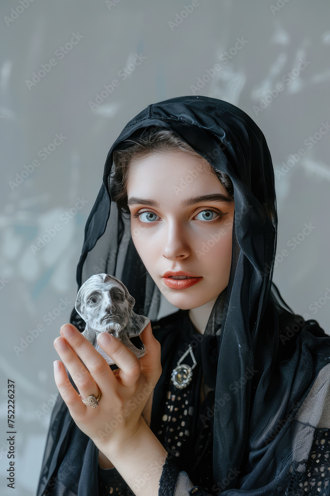 Portrait of a young pretty woman astrologer or fortune teller holding a ...