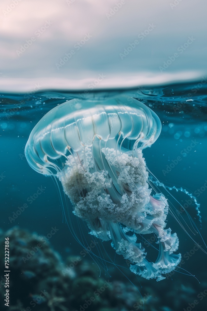 Medusa transparente nadando cerca de la superficie del mar, preciosa ...