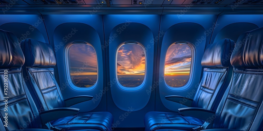 Airplane cabin interior with seats arranged to offer views of airport ...