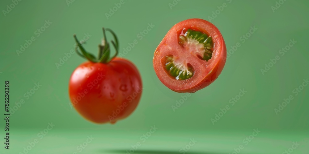 tomate cortado a la mitad aislado en fondo verde, tomate maduro fresco ...