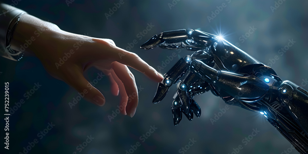 the human hand and the ai hand, A human hand is reaching for a robotic ...