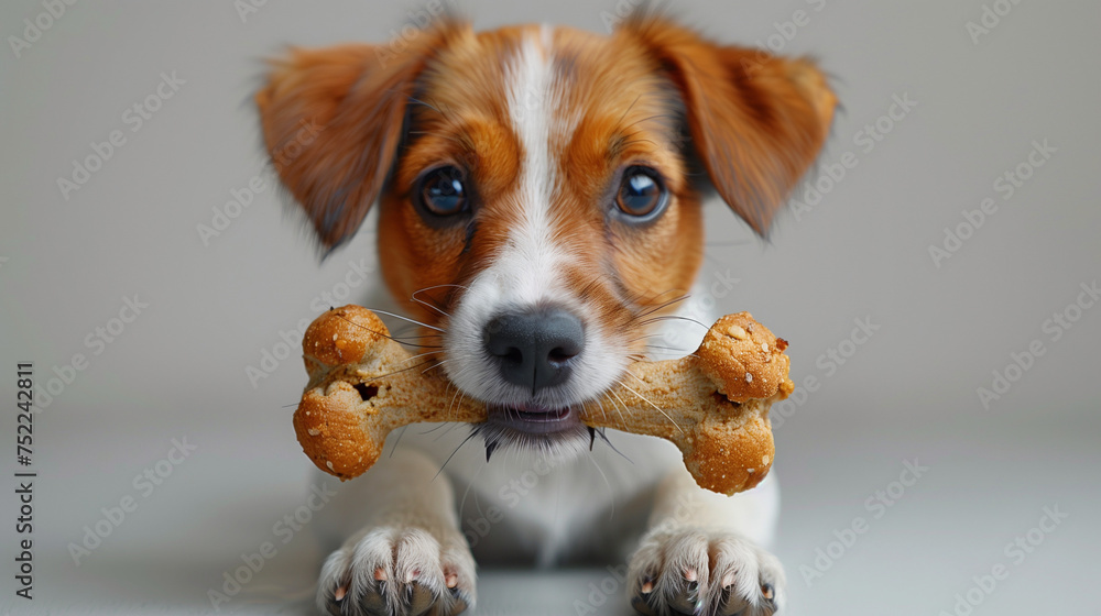 Jeune chien ou chiot de race jack russell mange un os, animal mignon en ...