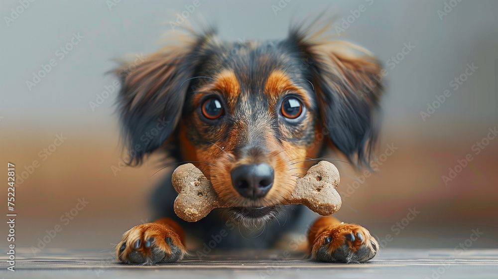 Jeune chien ou chiot de race teckel mange un os, animal mignon en 3D ...