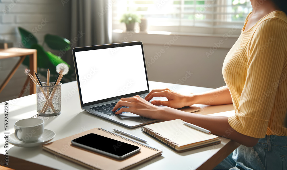 Individual working on a laptop at a tidy workstation with a notepad ...