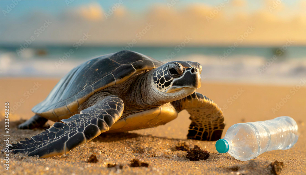 Close-up of a sea turtle near a plastic bottle abandoned on the shore ...