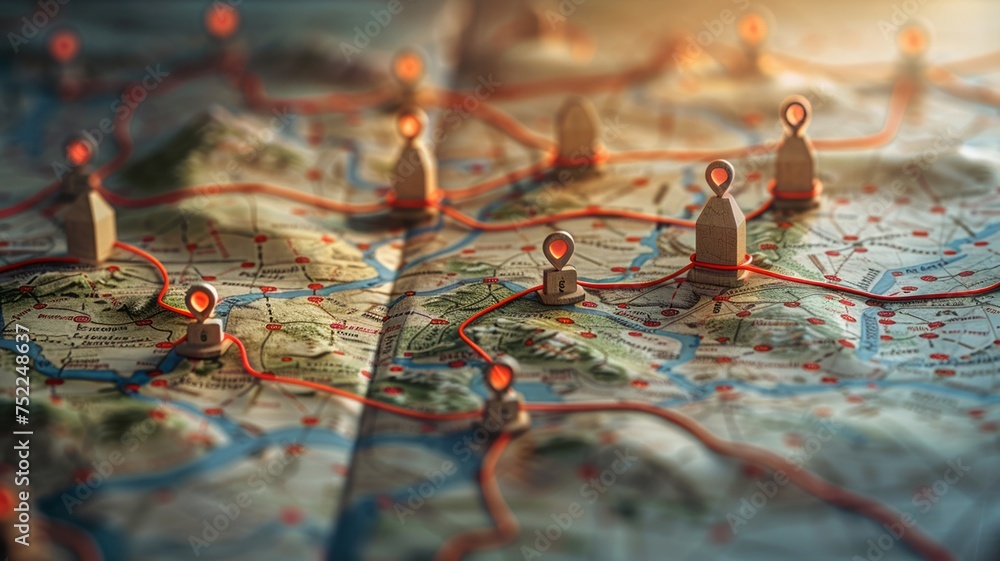 Paper map with hand-drawn landmarks and red string connecting key ...