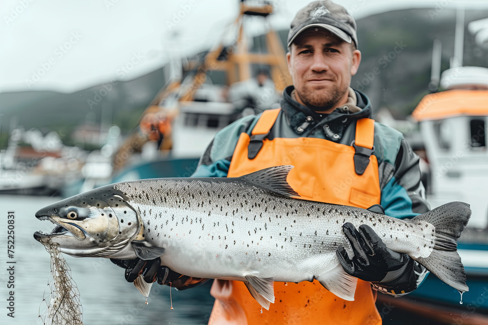 Fisher holding a big atlantic salmon fish in the fishing harbor Stock ...