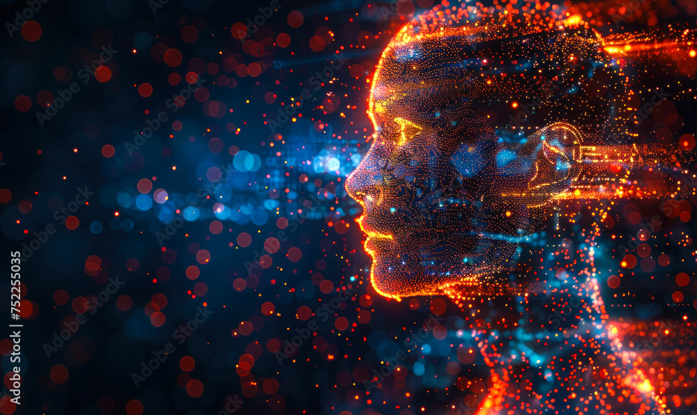 Digital human head profile composed of glowing particles, representing ...