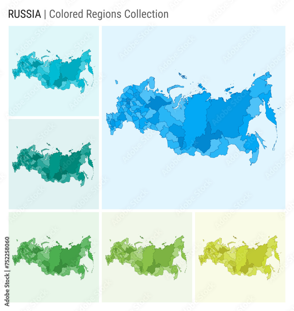 Russia map collection. Country shape with colored regions. Light Blue ...