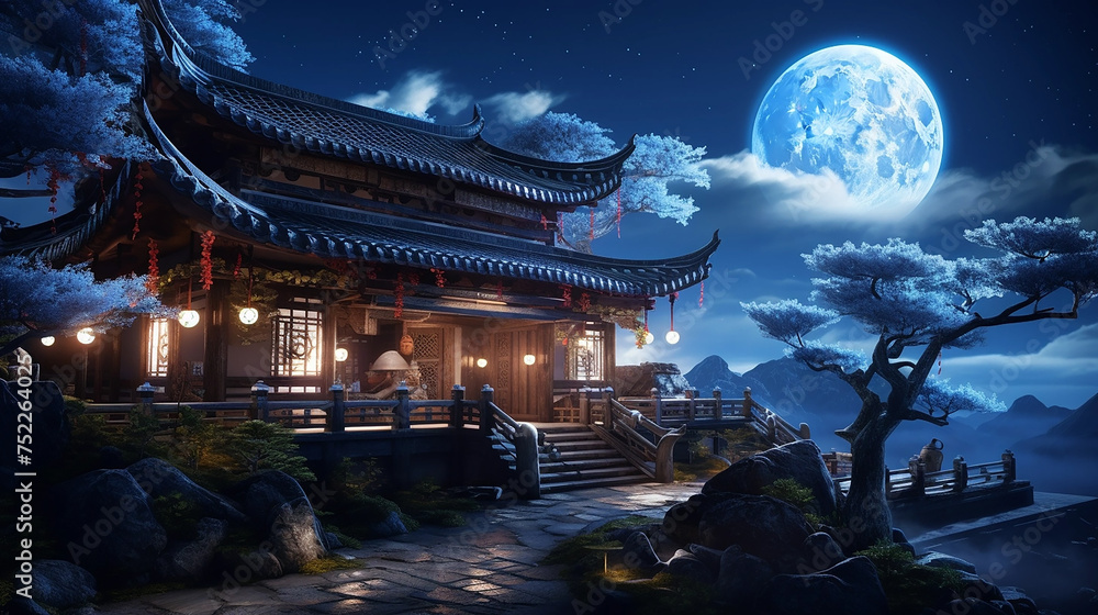 Beautiful, Realistic, Japanese traditional house illuminated with ...