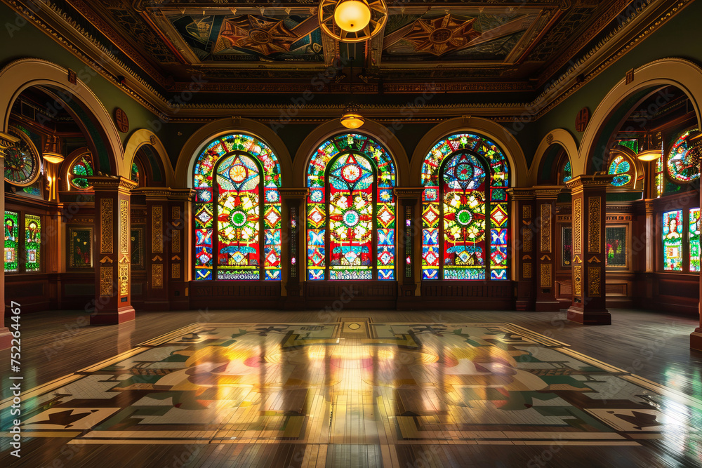 Majestic Masonic lodge interior adorned with symbolic stained glass ...