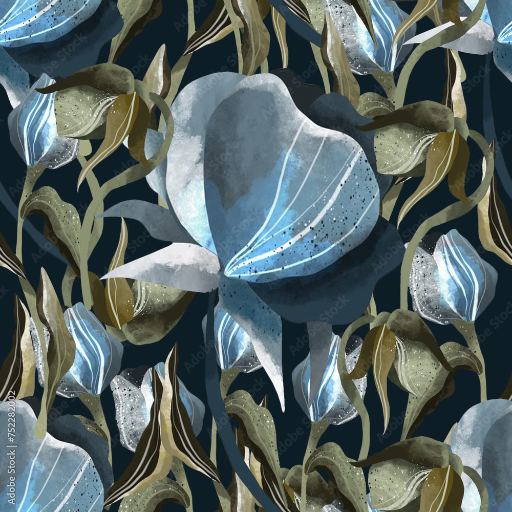 Seamless botanical rose pattern. Various herbs and flowers, hand-drawn ...