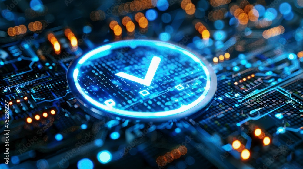 quality control check mark on abstract technology blue background Stock ...
