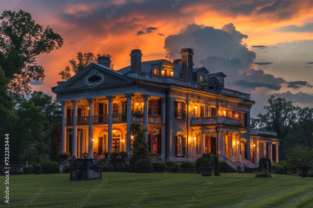 A historic mansion with period-appropriate outdoor lighting in an ...