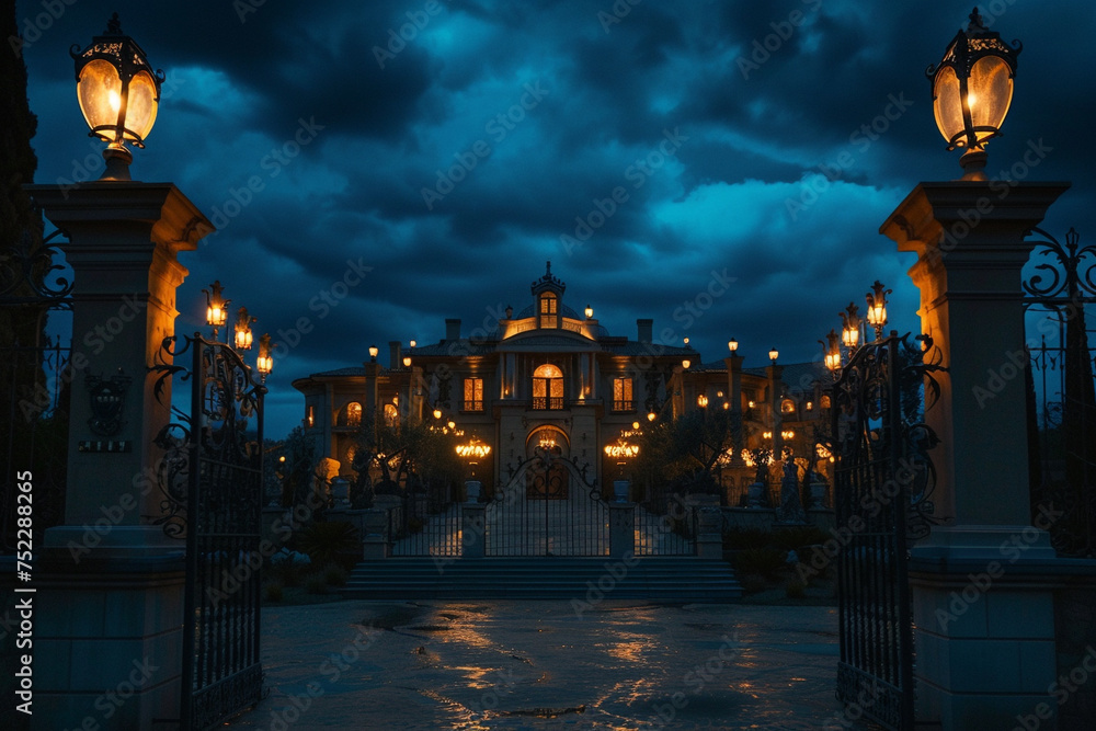 A mansion with opulent outdoor lighting in a gated estate with a ...