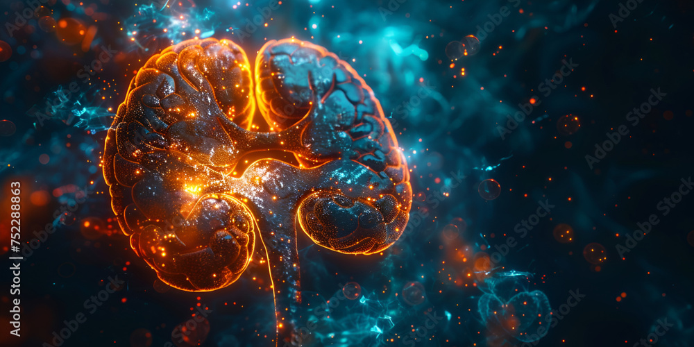 Transparent blue human kidney cross section on scientific background ...