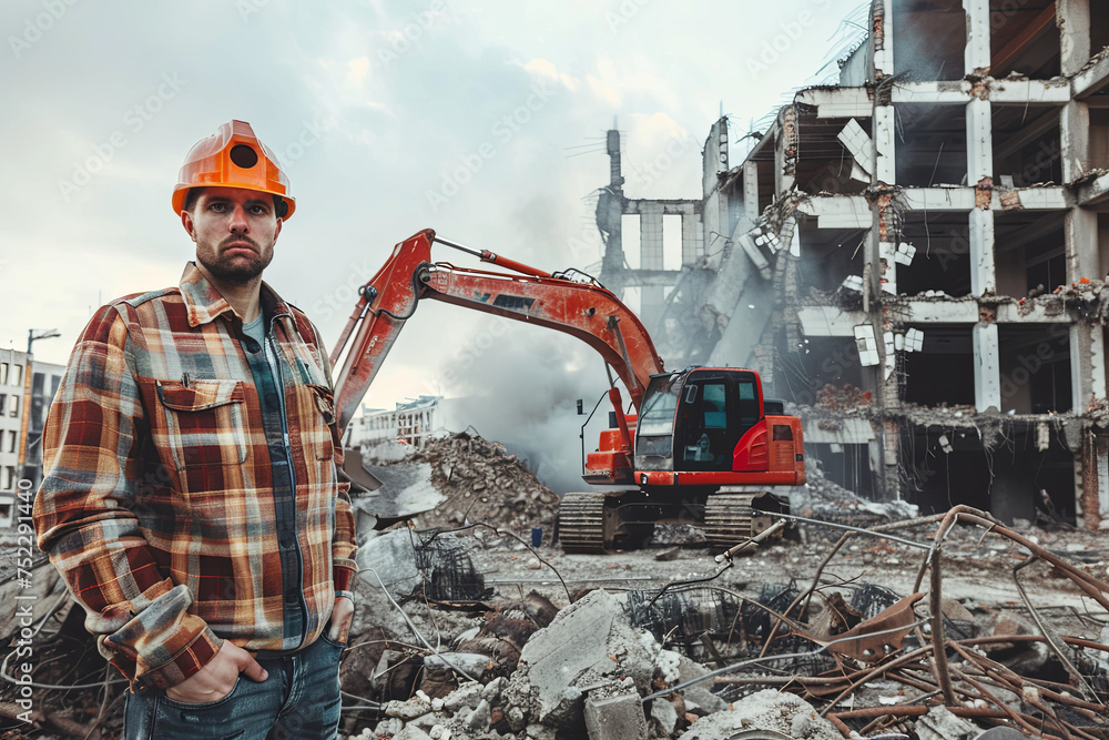 Demolition man. Worker foreman inspector builder at demolition building ...