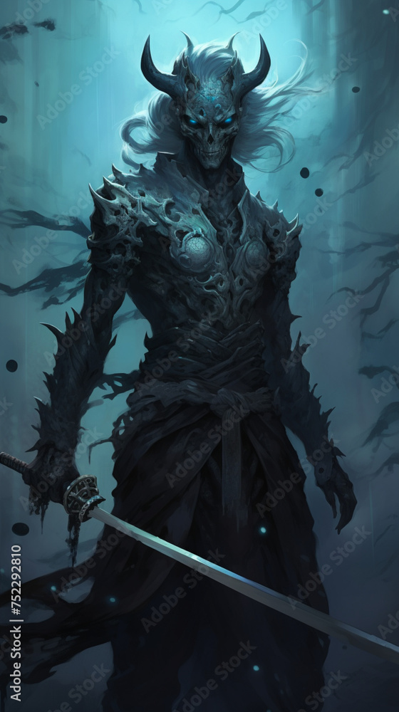 A theme in the style of anime featuring a samurai wearing a skull with ...