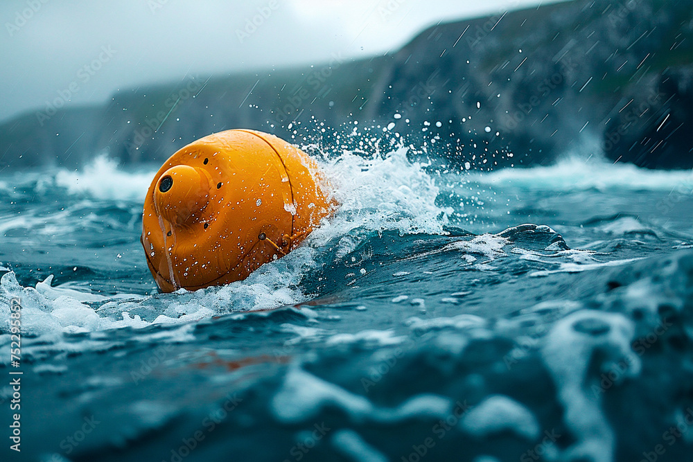 Wave energy converter bobbing on the surface of the ocean, capturing ...