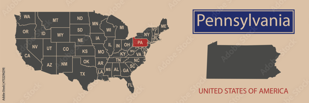 Vector map borders of the USA Pennsylvania state. State of Pennsylvania ...