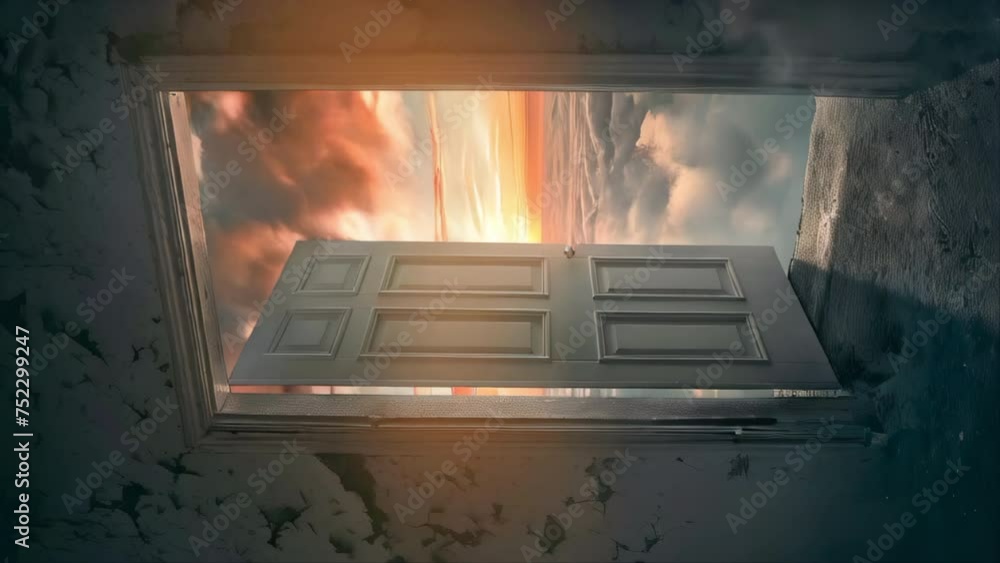 Vertical video of an open door in the sky with clouds. Open door to an ...