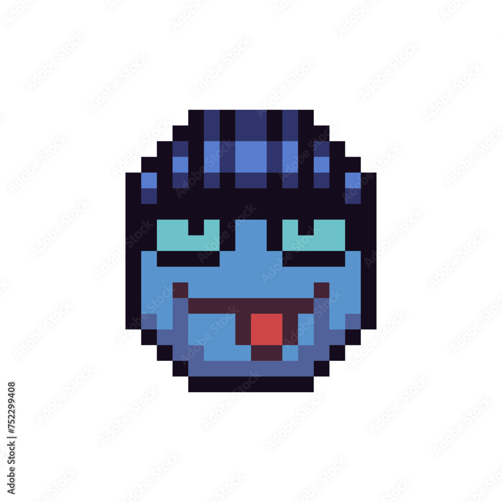 Hungry blue face. Licking emoticon pixel art cartoon character ...