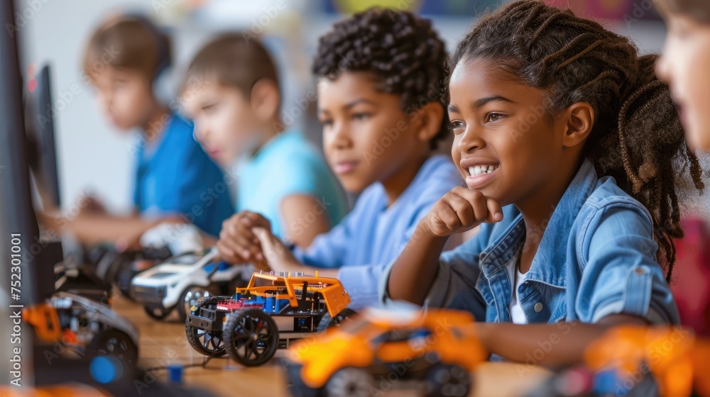 Diverse school children students build robotic cars using computers and ...