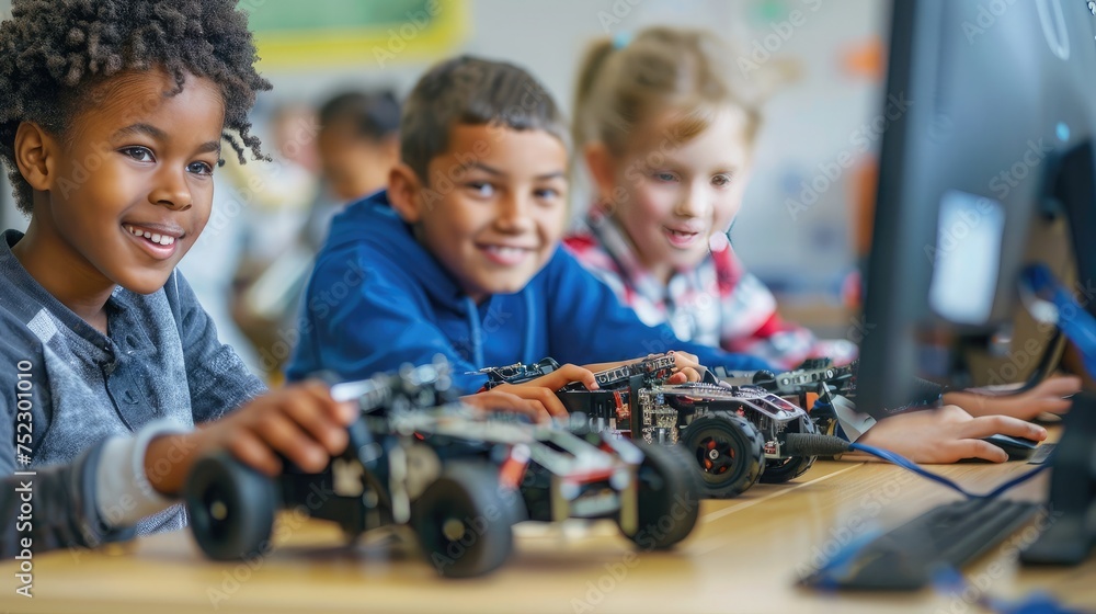 Diverse school children students build robotic cars using computers and ...