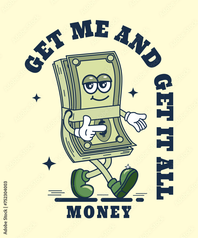 Vector illustration of cartoon retro character of money with funny face ...