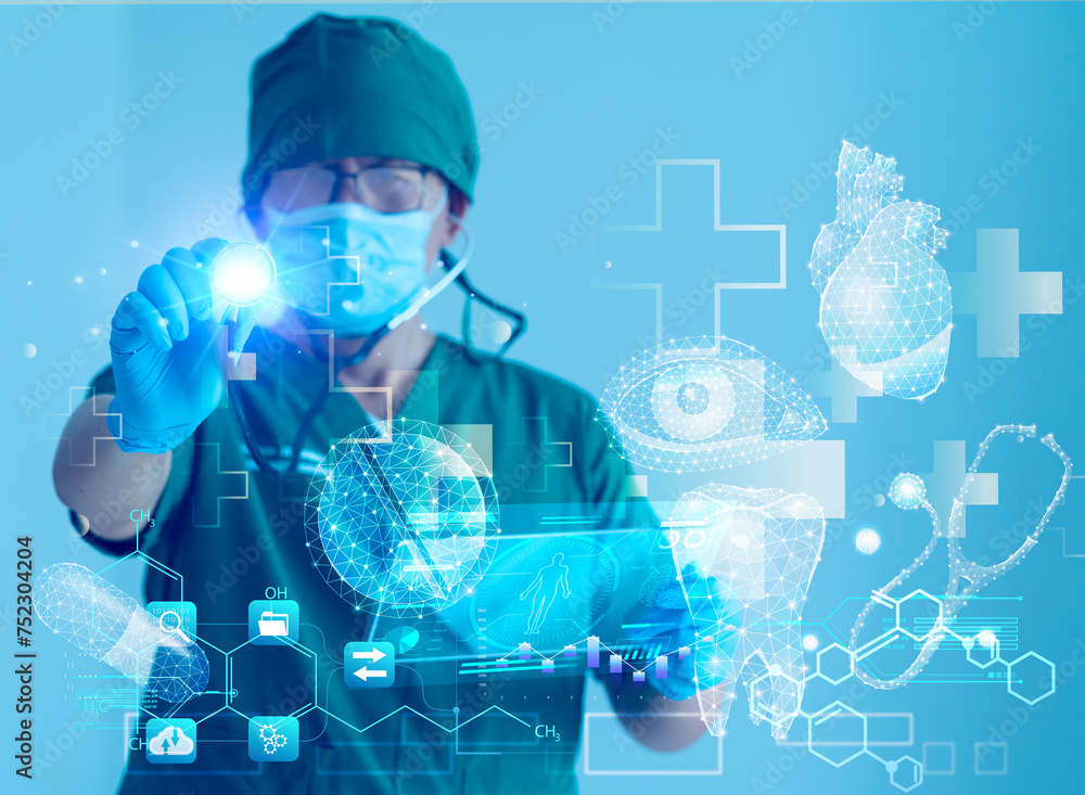 hand pointing at an AI icon surrounded by medical symbols, representing ...