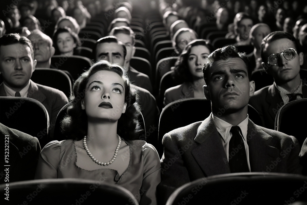 Vintage cinema scene: audience enjoys classic movies in 1950s theater ...